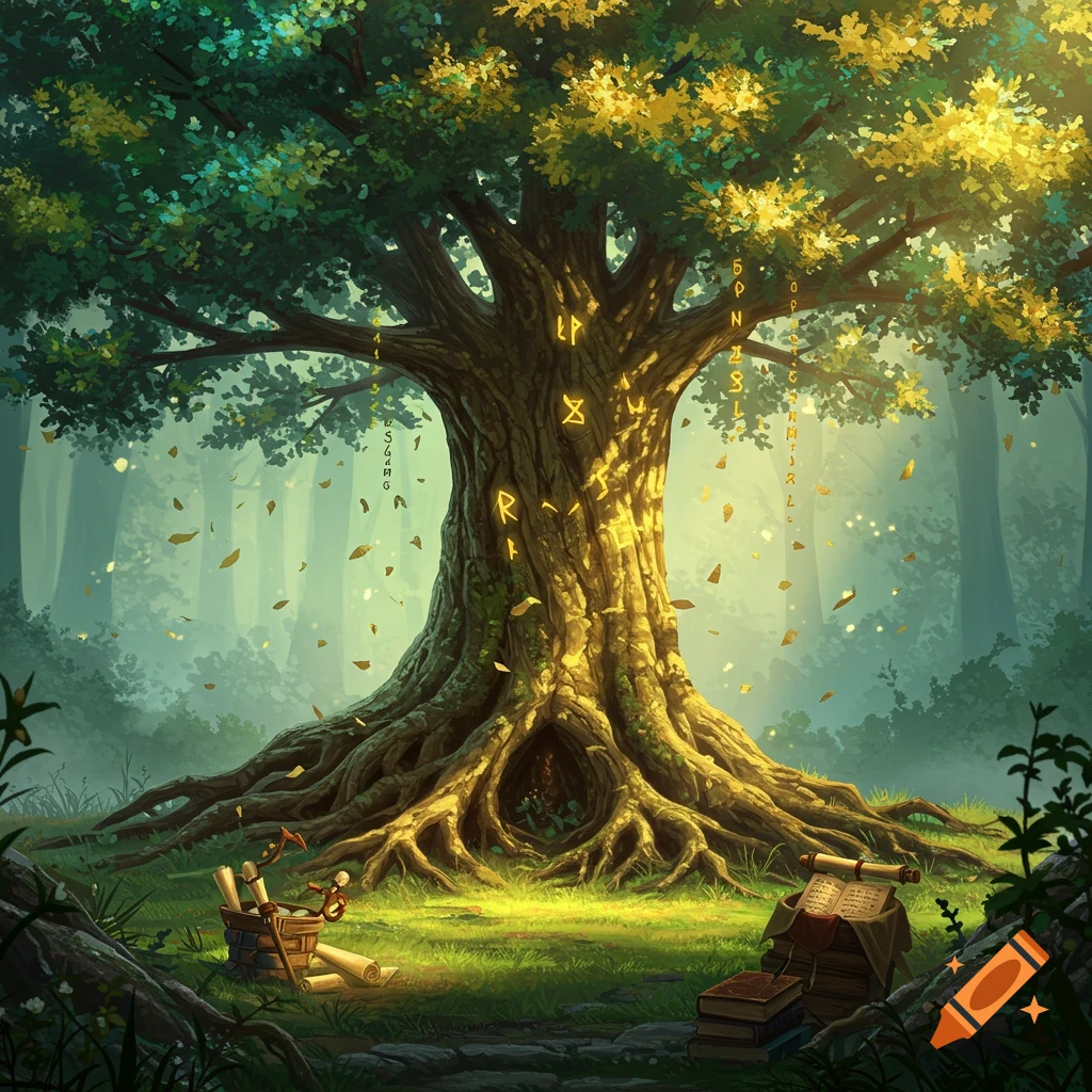 Detailed fantasy illustration of a twisted, ancient tree with a glowing ...