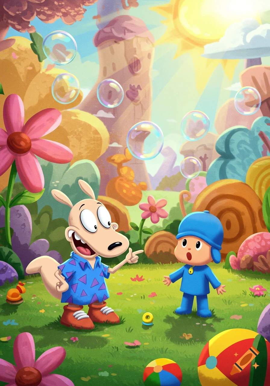 Rocko and Pocoyo interacting in a colorful cartoon world with floating ...