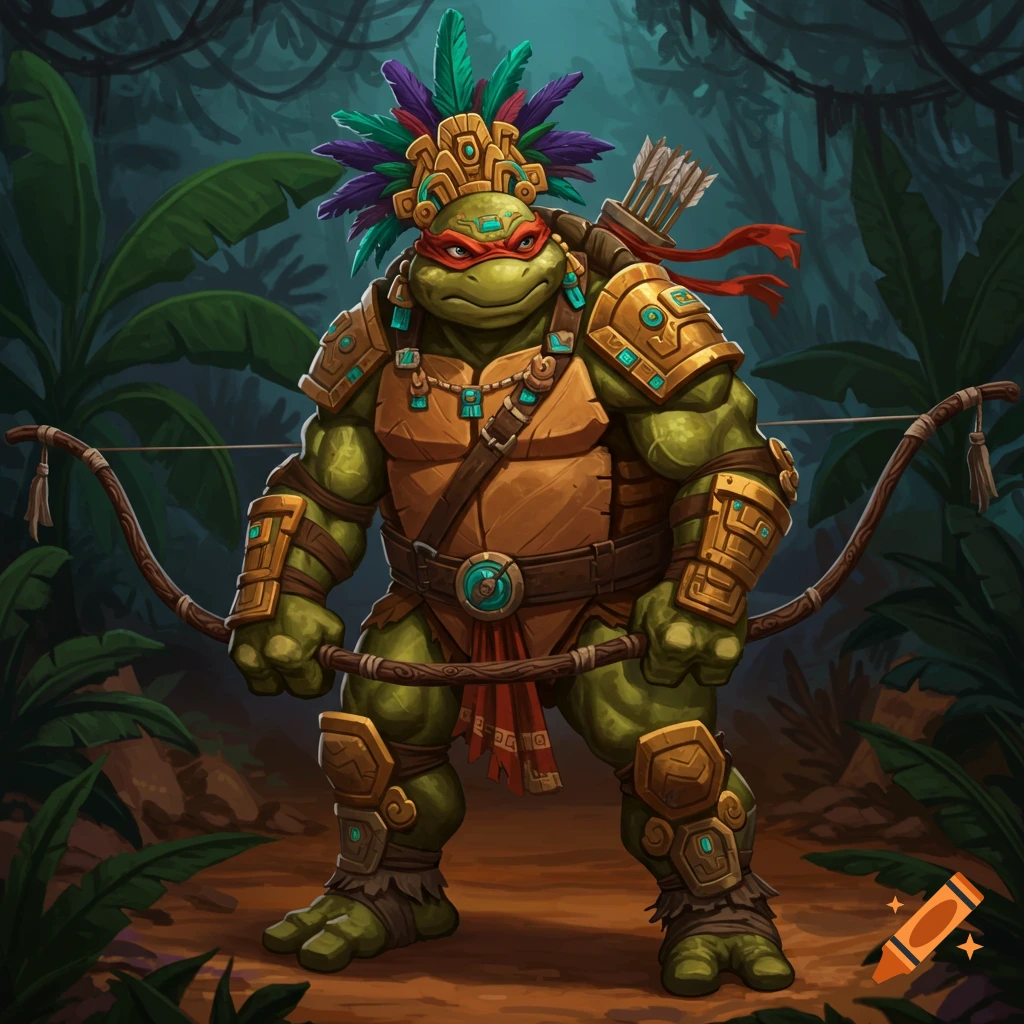 A muscular green warrior turtle in golden armor and a feathered ...