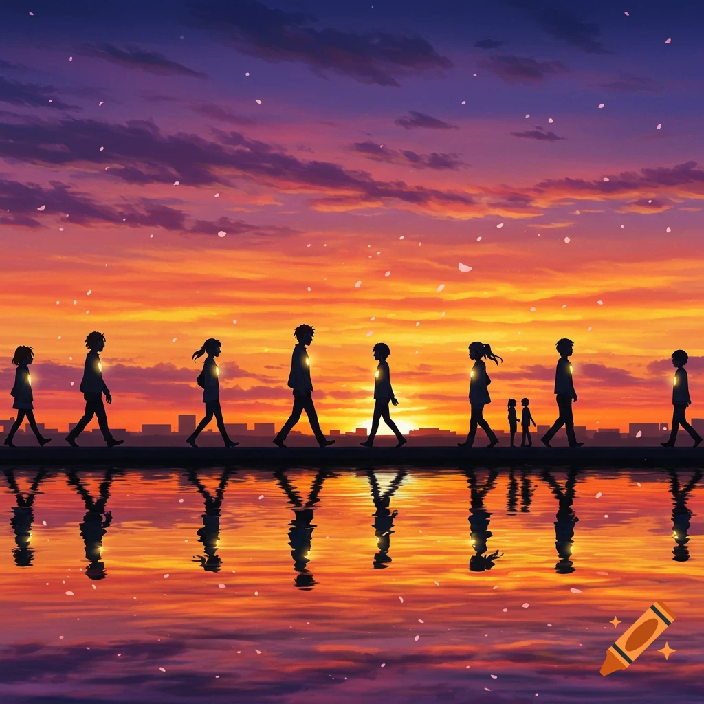 Anime silhouettes of people with glowing chests walking above water ...