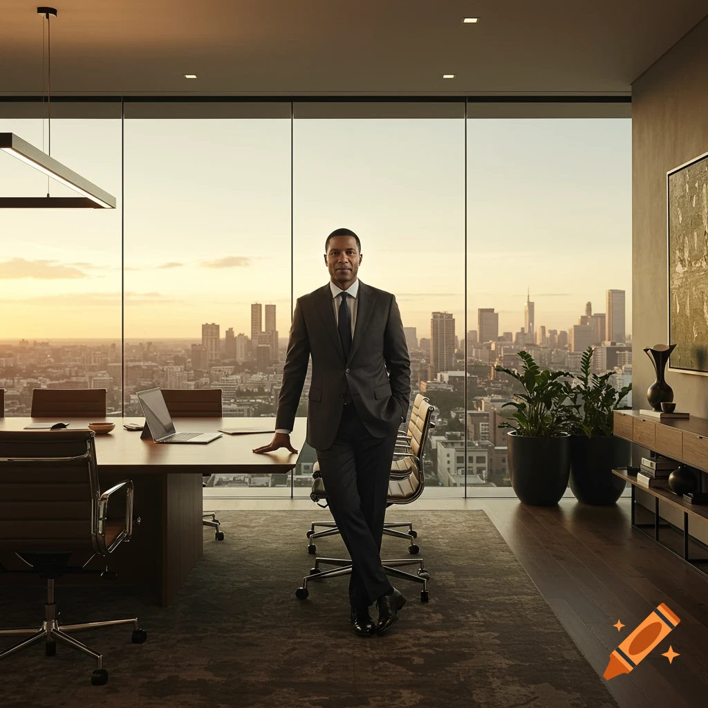 A businessman in a suit stands in a modern office with a large window ...