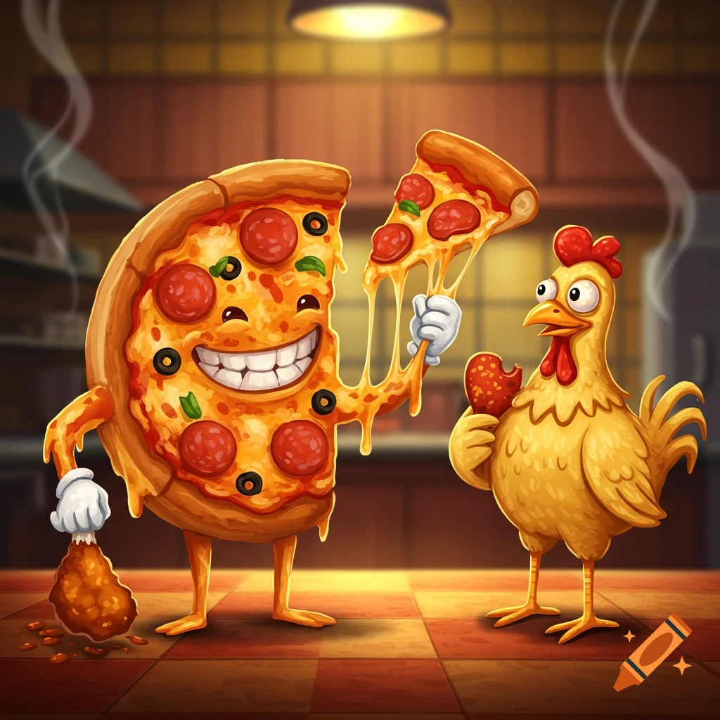 A cartoon-style brown chicken stands on a wooden fence next to a bucket ...