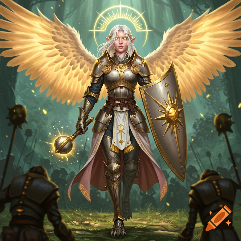 A majestic female Aasimar cleric in golden armor with large feathered ...