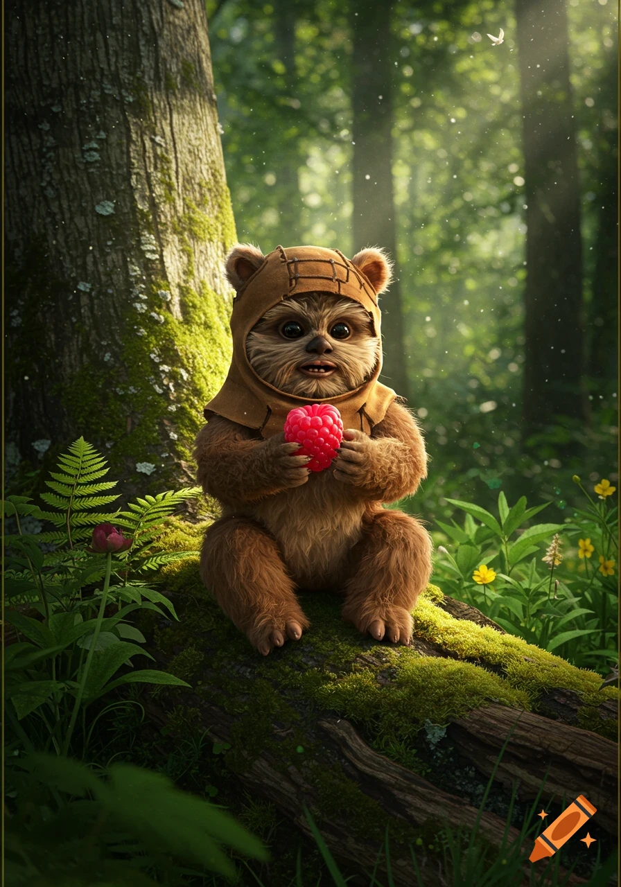 A photorealistic Ewok-like creature sits on a mossy log in a sun ...