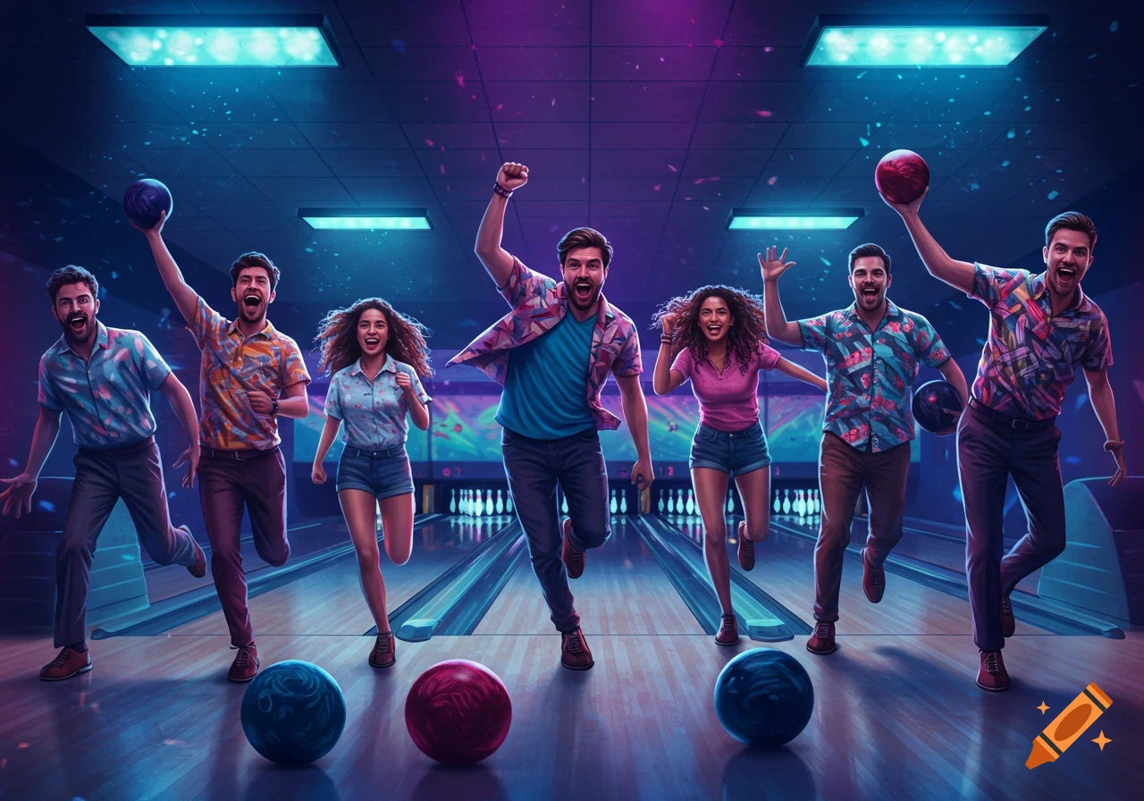 A group of six excited people, three men and two women, celebrate on a ...