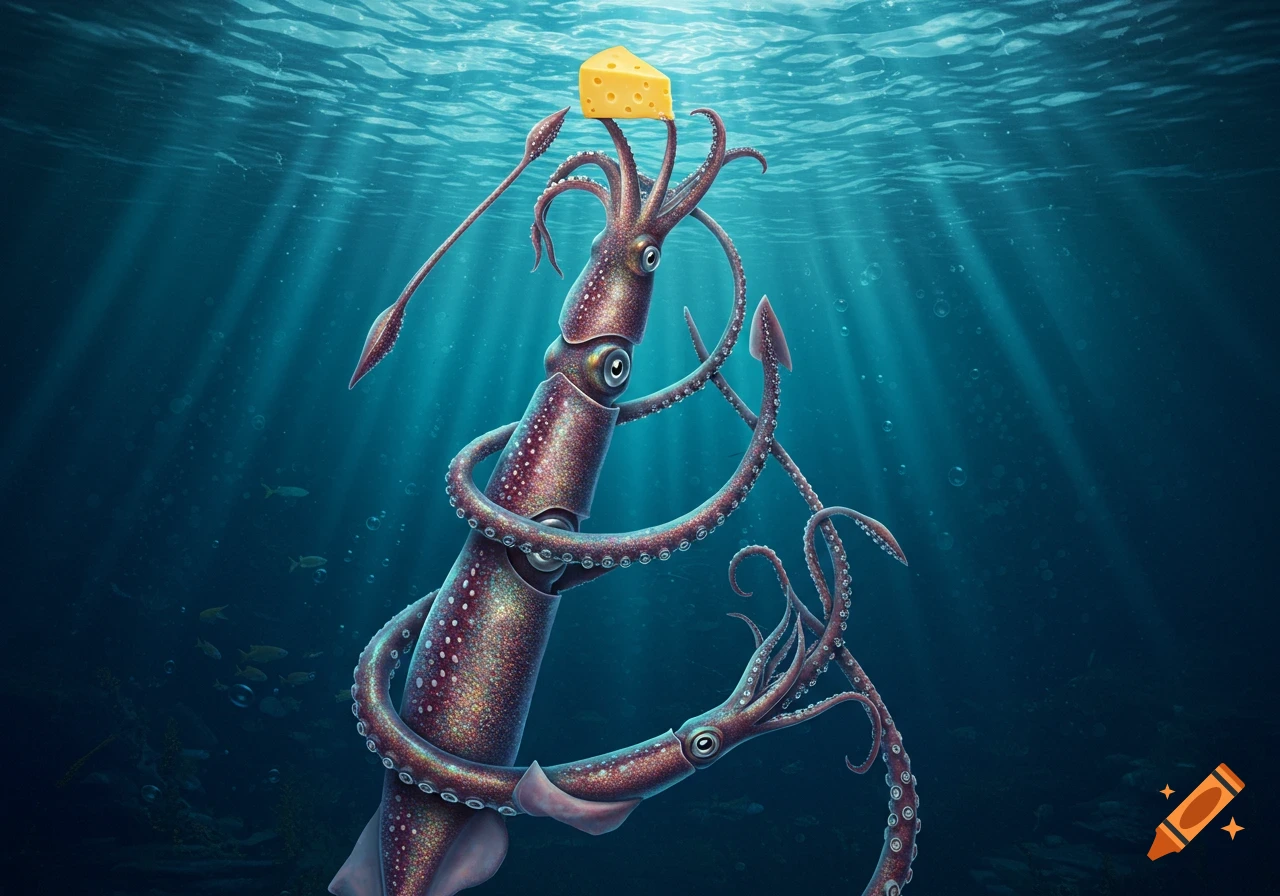 A blue cartoon octopus underwater holding a magnifying glass, looking ...