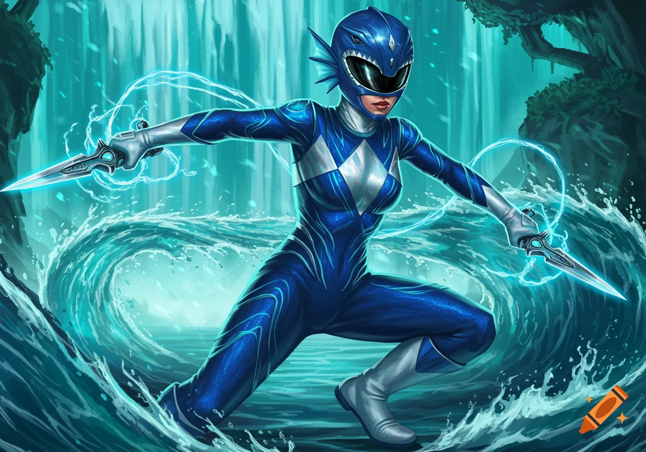 A blue Power Ranger (girl) crouches amidst a powerful wave and ...