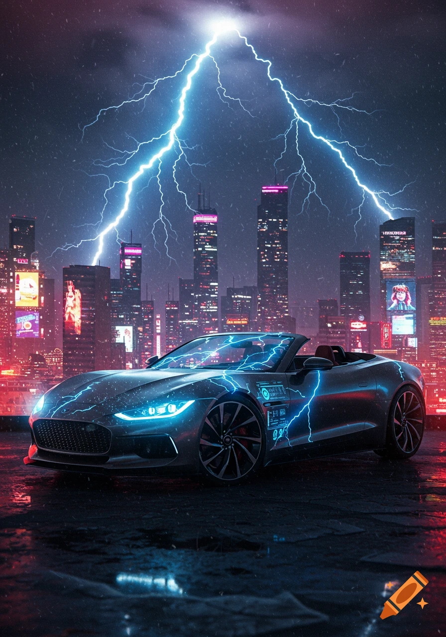 A midnight blue futuristic hot rod with neon underglow and large ...