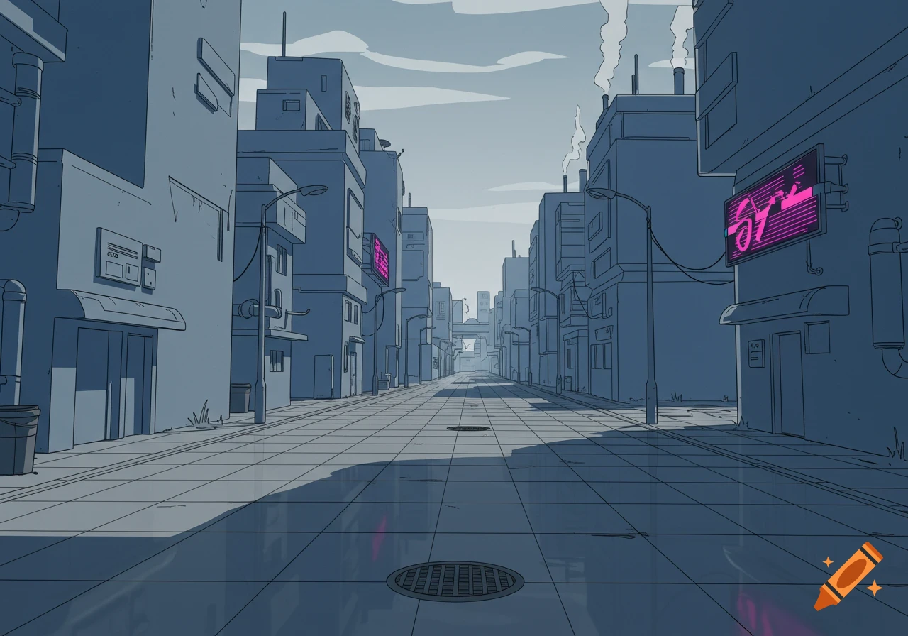 A cartoon-style, one-point perspective view of a deserted futuristic ...