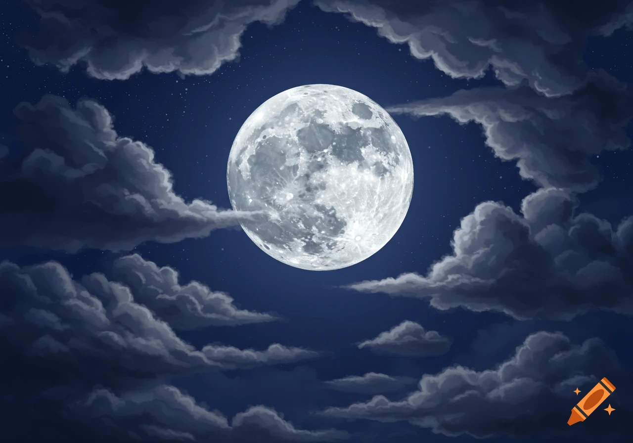 A bright full moon glows in a dark blue night sky, surrounded by ...