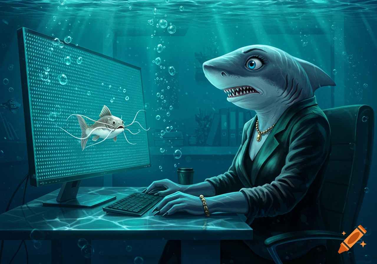 A surprised cartoon shark in a suit sits at a computer underwater ...