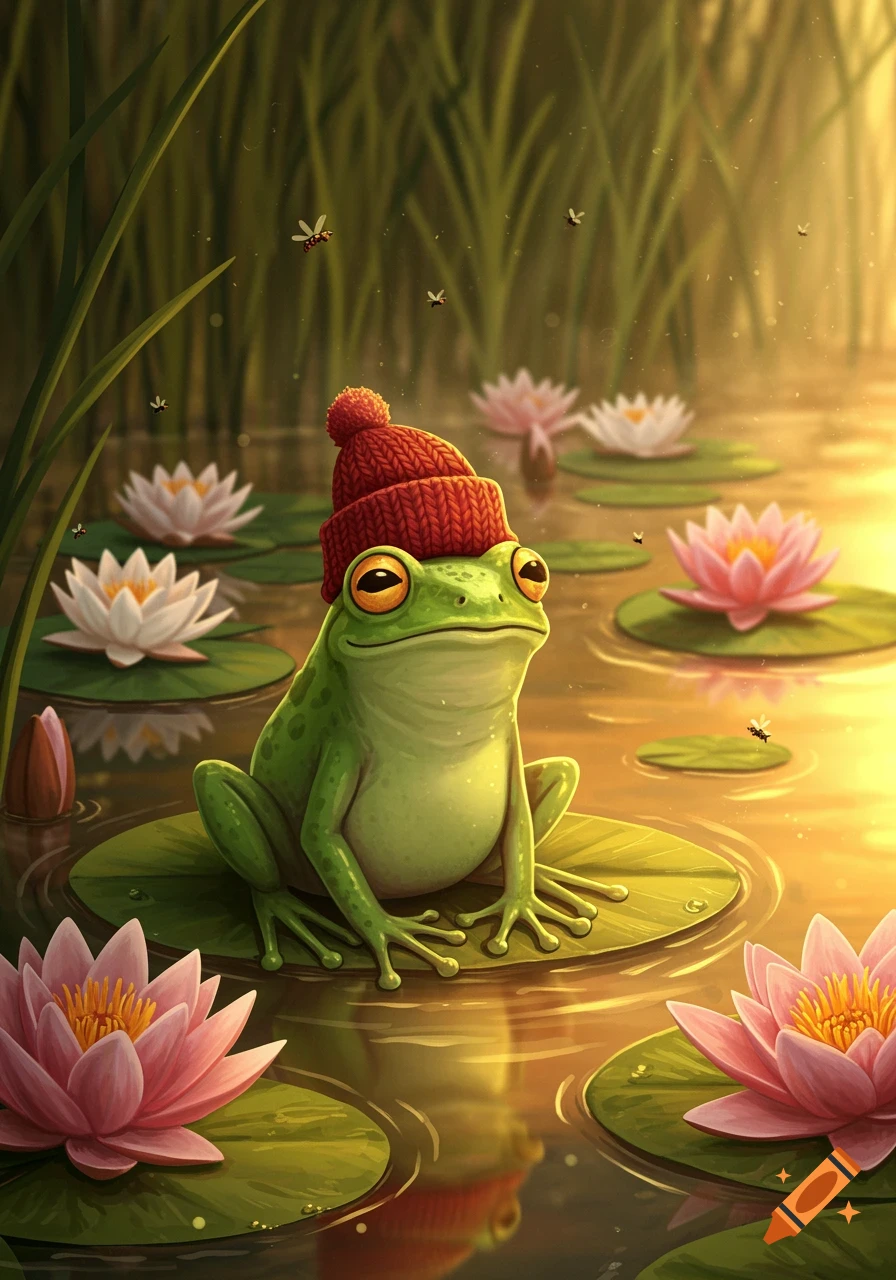 A green frog sits on a lily pad in a pond surrounded by lush plants and ...