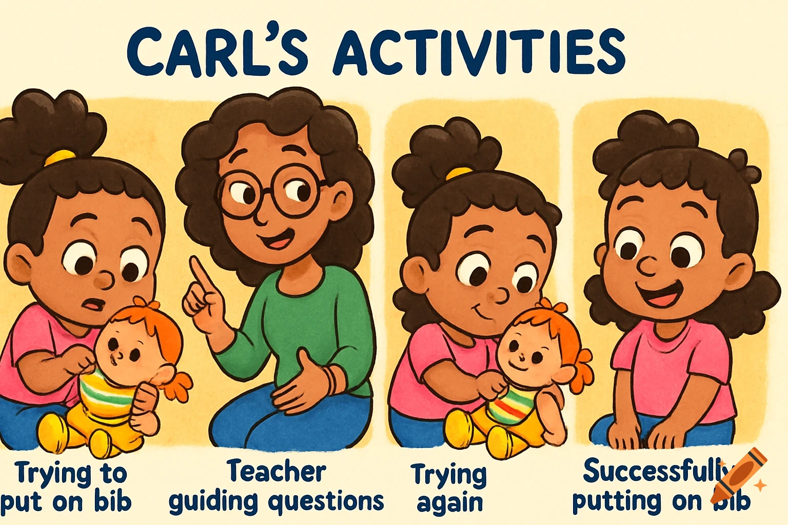 A cartoon illustration showing four panels of a toddler girl learning ...