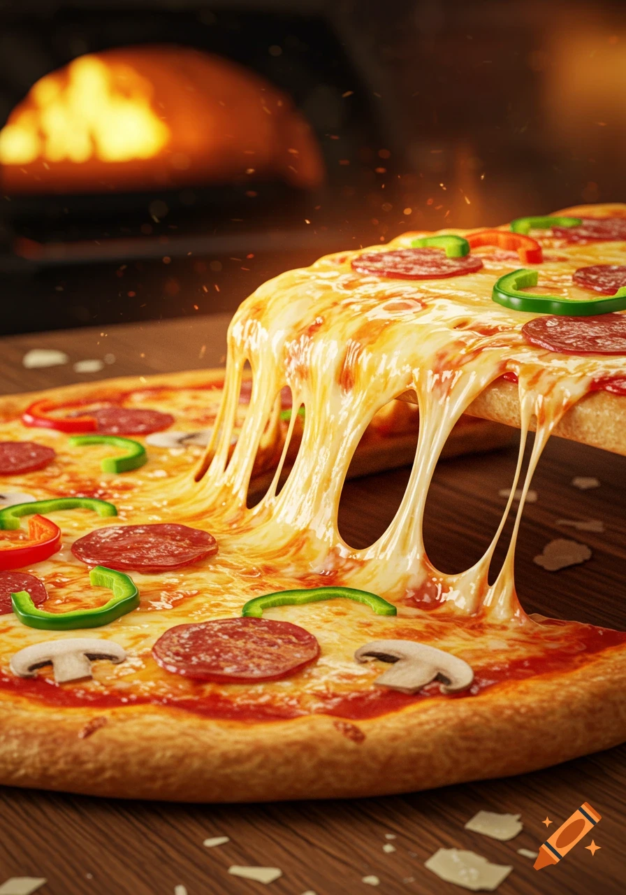 A cheesy pineapple pizza with fresh basil and a large string of cheese ...