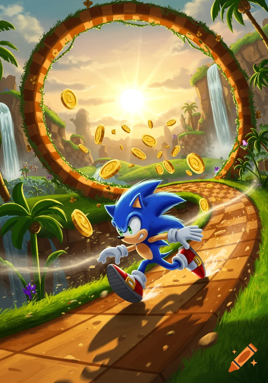 Sonic the Hedgehog runs on a wooden ramp over water, collecting gold ...