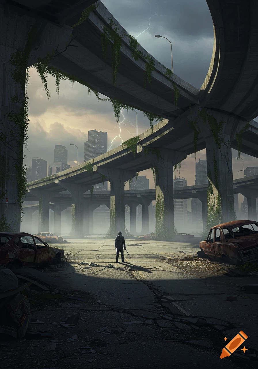 A desolate, post-apocalyptic cityscape with ruined skyscrapers shrouded ...