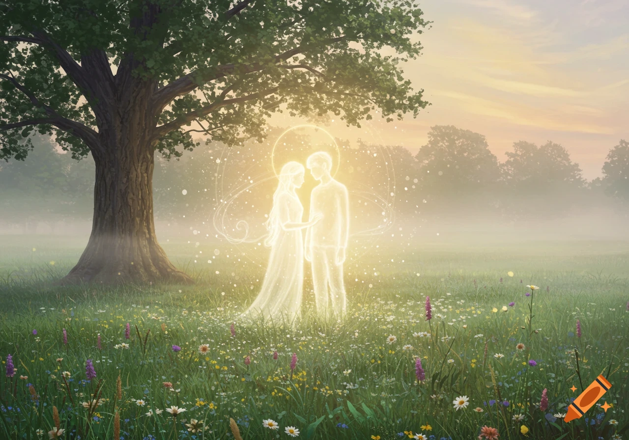 Two ethereal, glowing figures, a man and a woman, stand in a misty ...