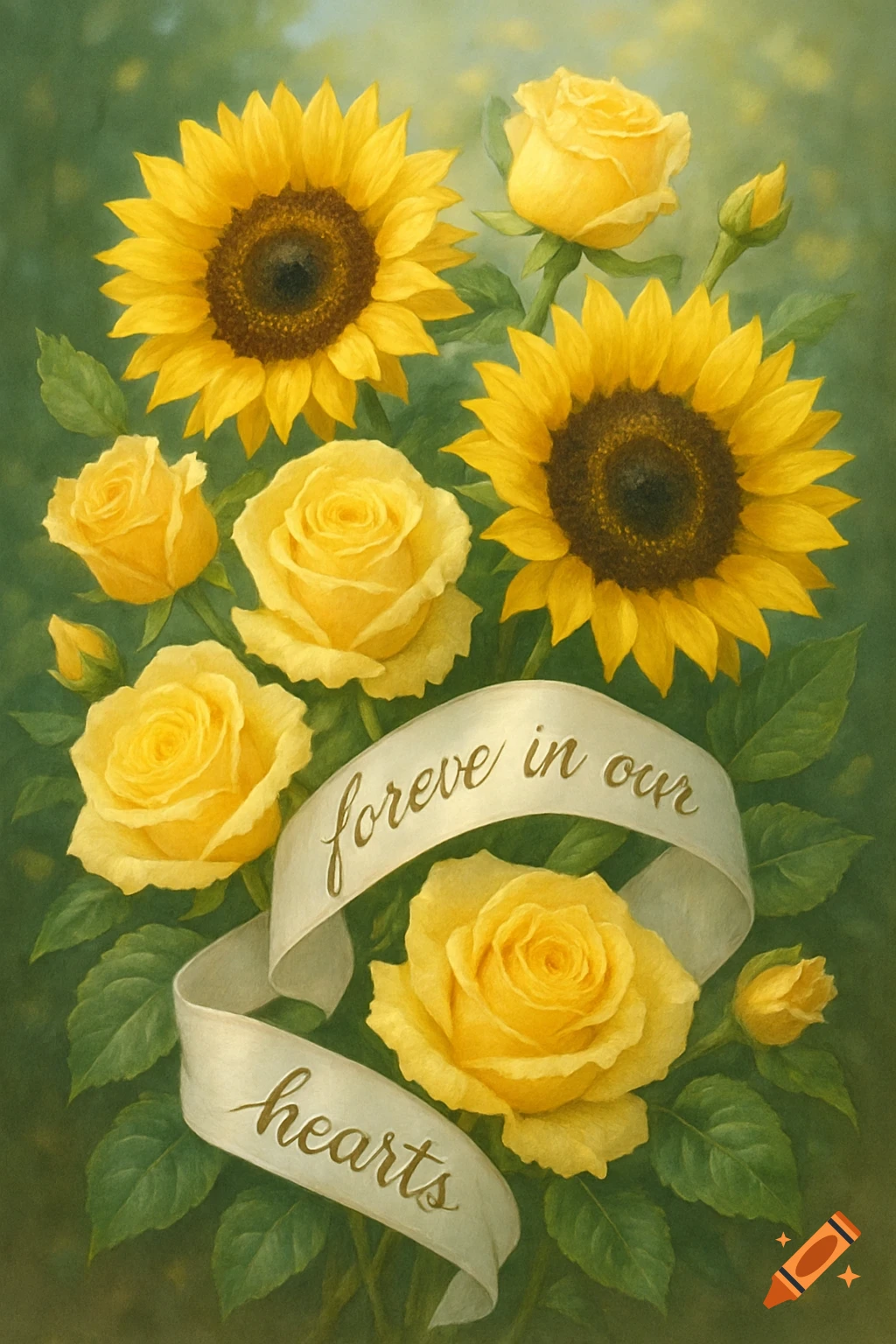 A vibrant bouquet of yellow sunflowers and roses with a white ribbon ...