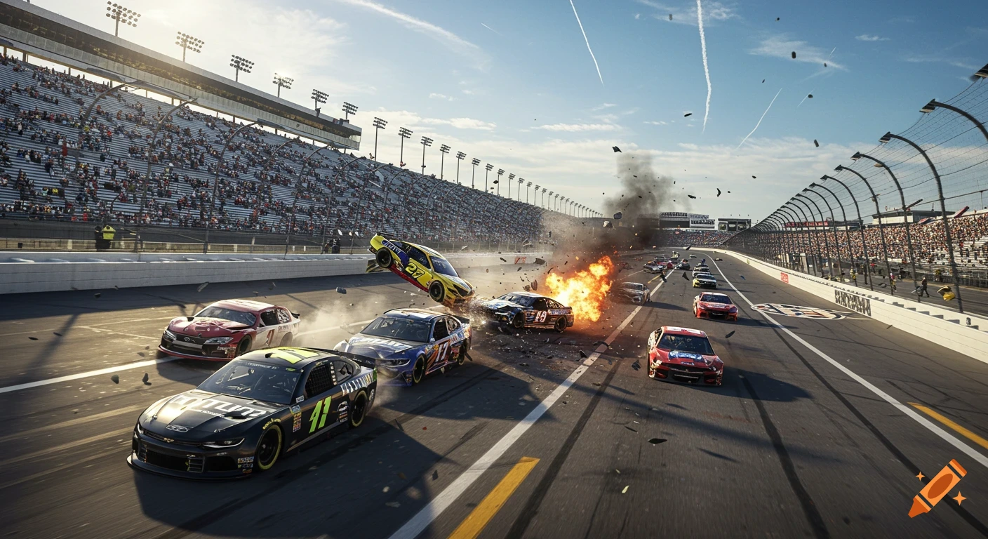 A dramatic multi-car crash on a race track with fire, smoke, and debris ...