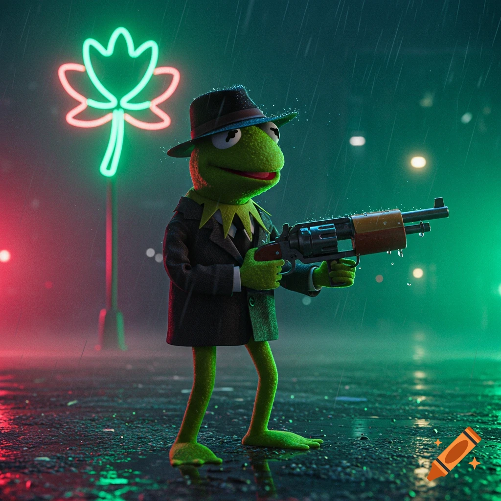 Kermit the Frog in a black suit with a diamond watch, standing in a ...