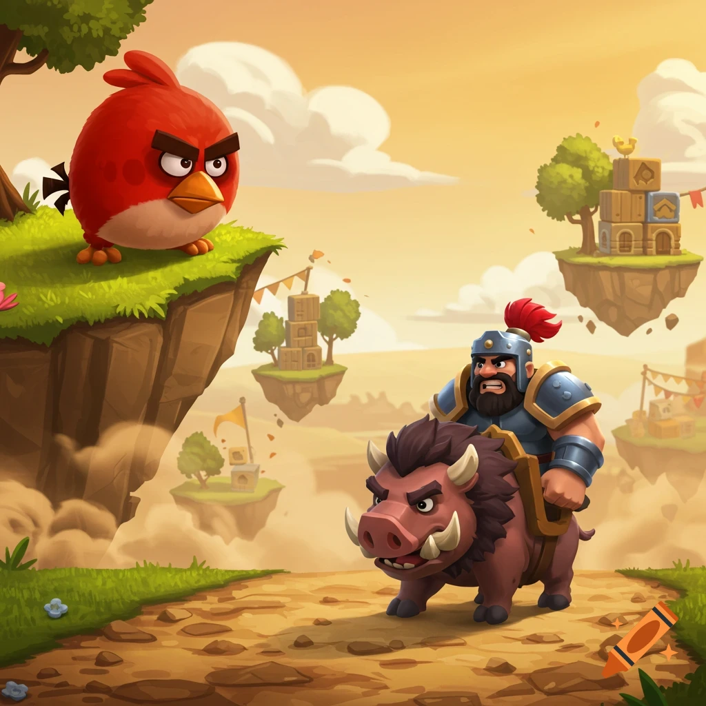 A vibrant, cartoonish fantasy arena with a central castle, a river, and ...