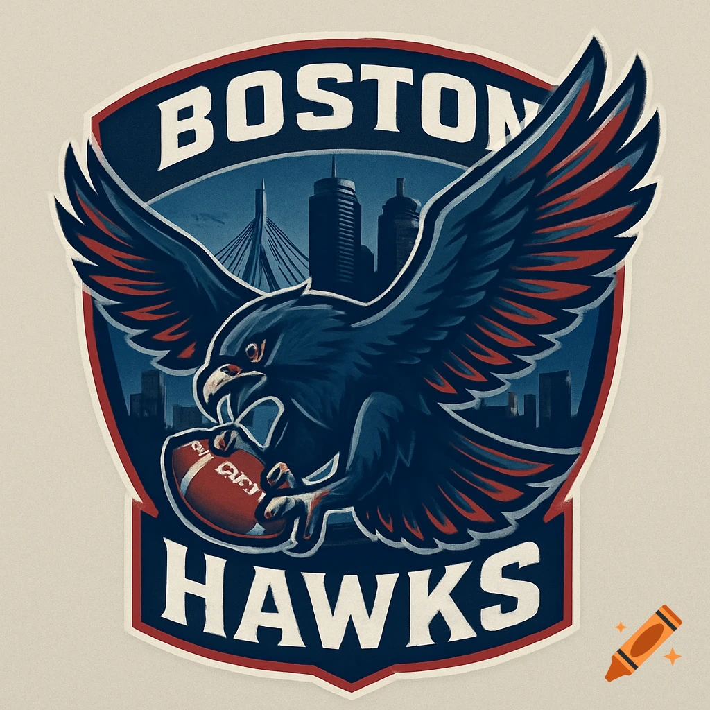 Boston Hawks football team logo featuring a dark blue eagle clutching a ...