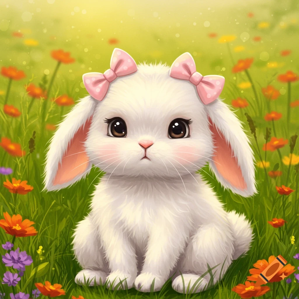 A fluffy white cartoon bunny with big brown eyes holds a pink flower ...