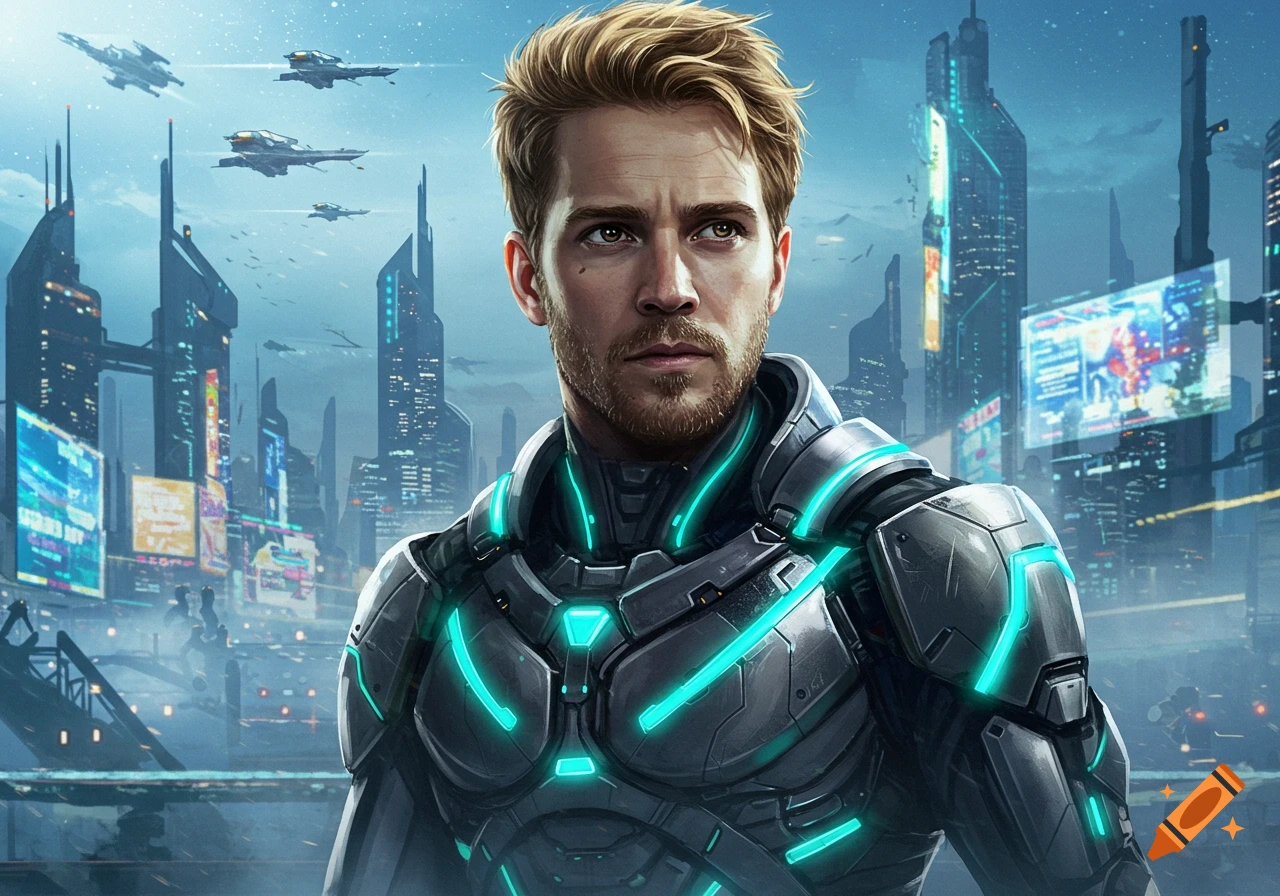 A photorealistic man with blonde hair and a beard in a glowing sci-fi ...