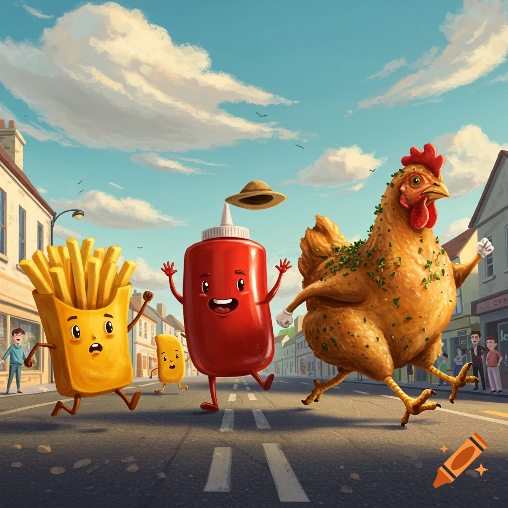 A cartoon french fries character, a ketchup bottle, and a roasted ...