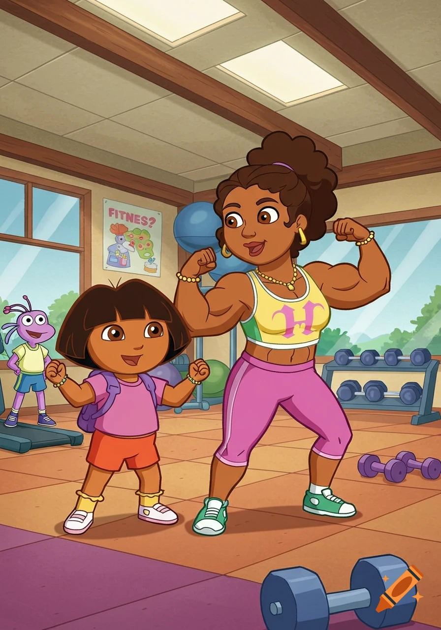 Cartoon Dora's Mami in a bikini flexes for an elementary school art ...