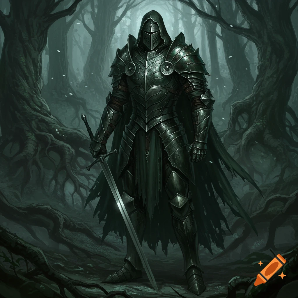 A grizzled old knight in full armor and a tattered red cape stands ...