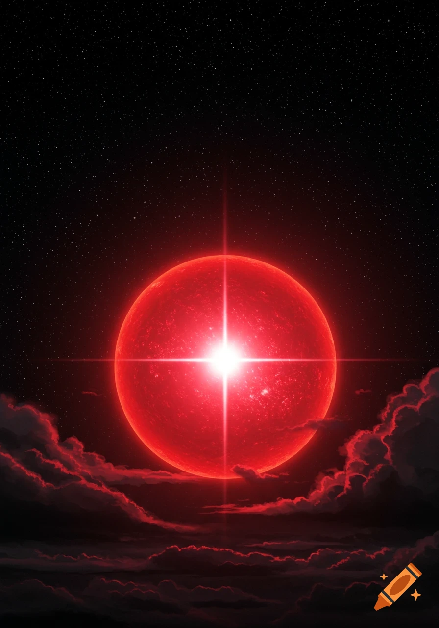 A large, glowing red star shines brightly in a dark, star-filled sky ...