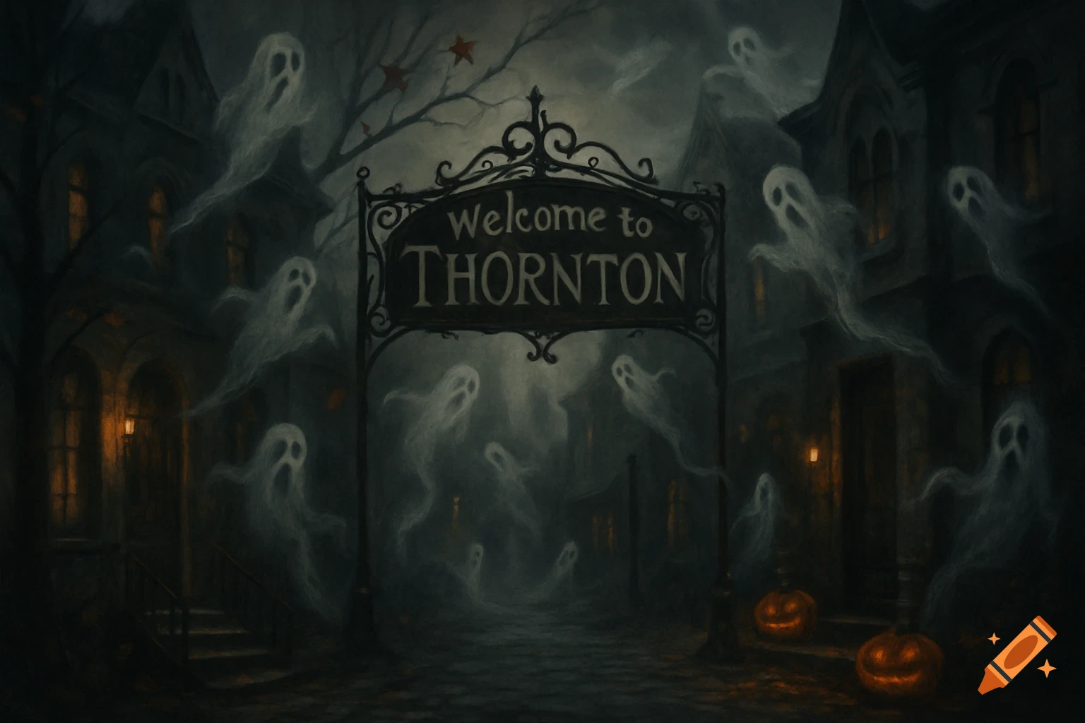 A dark, painterly image of a haunted street with vintage buildings ...