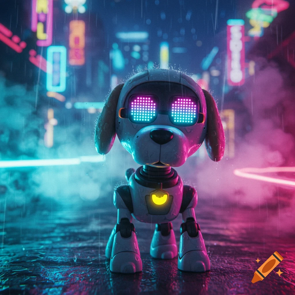 A fluffy pink marshmallow robot with glowing eyes stands amidst purple ...