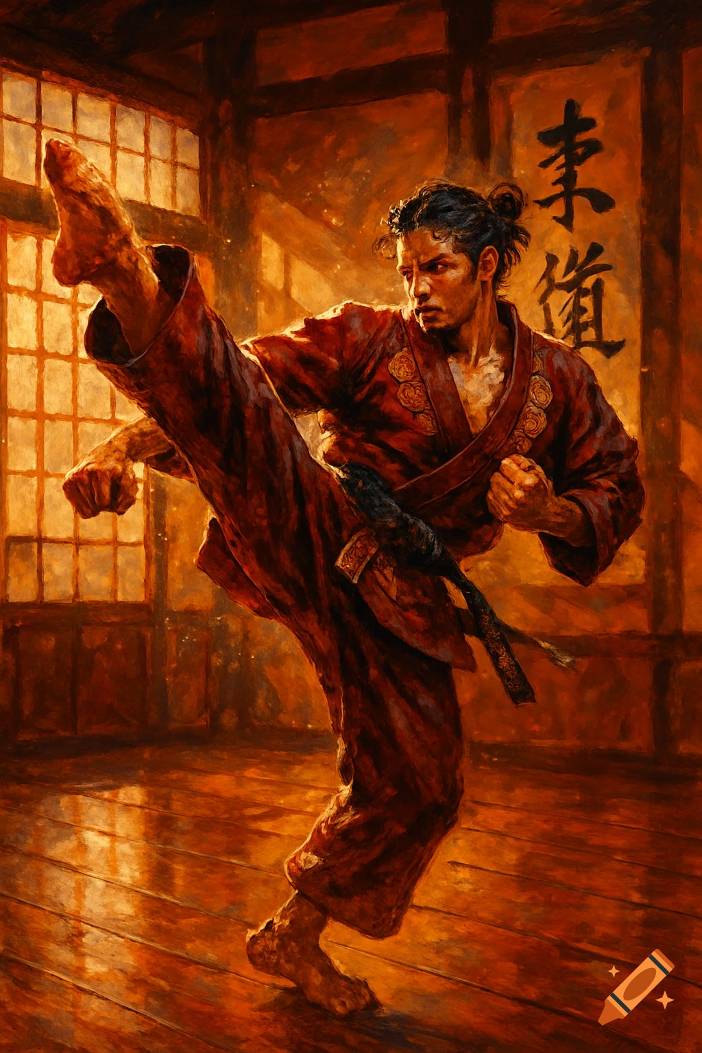 Two martial artists in silhouette spar in a dark, spotlight-lit dojo ...