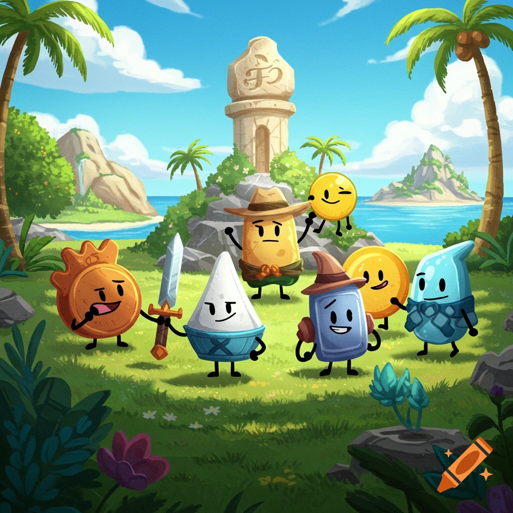 Cartoon object characters on a grassy tropical island with palm trees ...