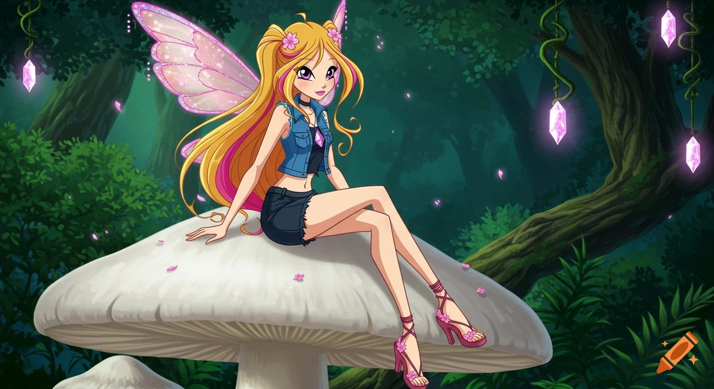 Seven diverse, colorful anime-style fairies pose in an enchanted forest ...