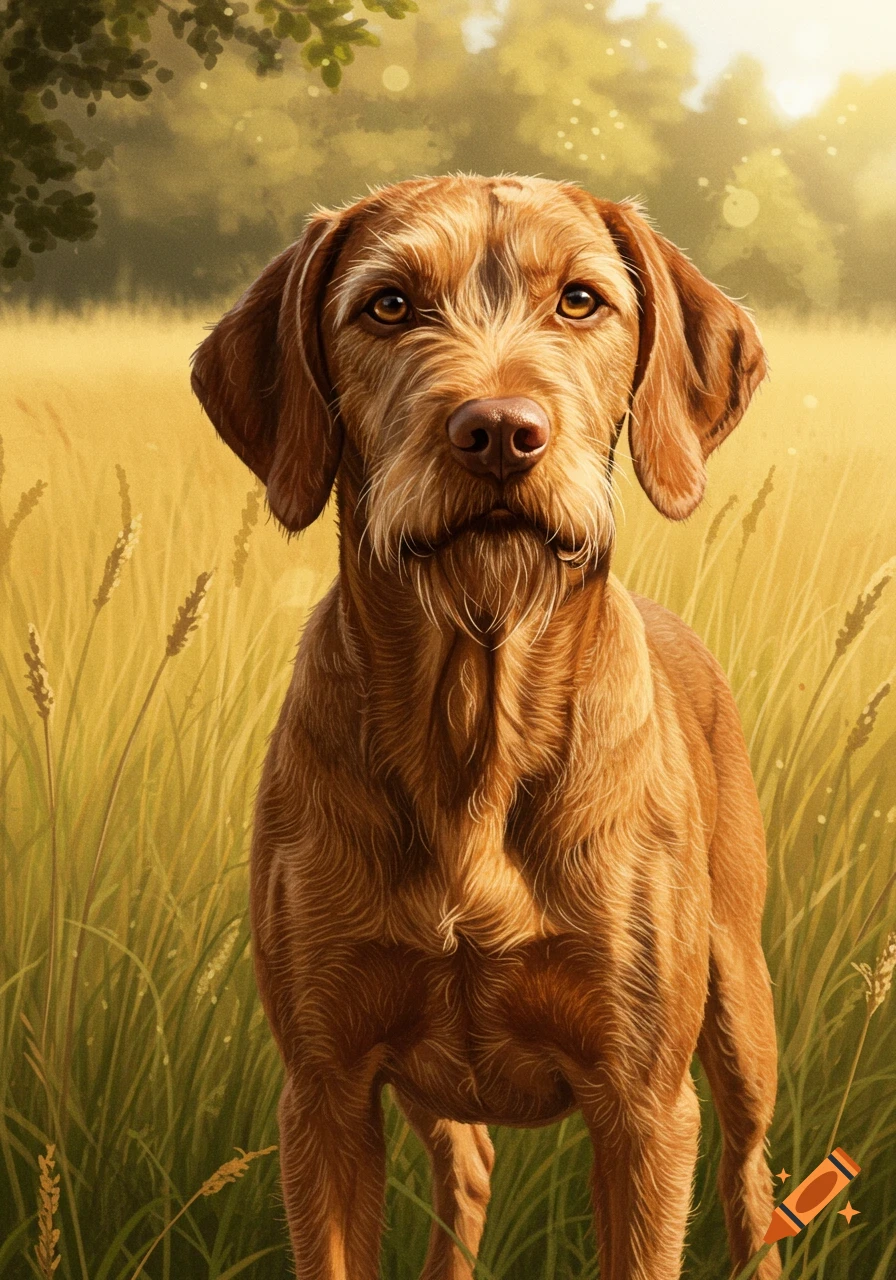 A wirehaired Vizsla dog with golden-rust fur stands in a sunlit field ...