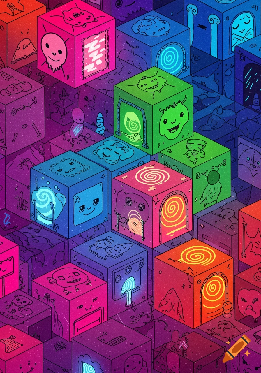Colorful psychedelic doodle art with stacked and scattered cubes, some featuring friendly faces ...