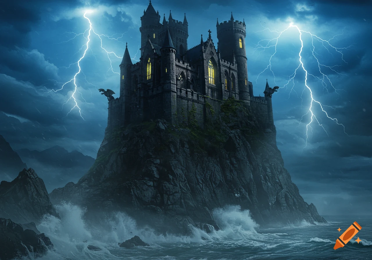 A dark, gothic castle on a rocky cliff by a stormy sea, illuminated by bright lightning bolts ...