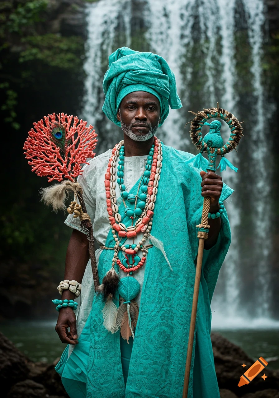 A man in a turquoise turban and white and turquoise robes, adorned with ...