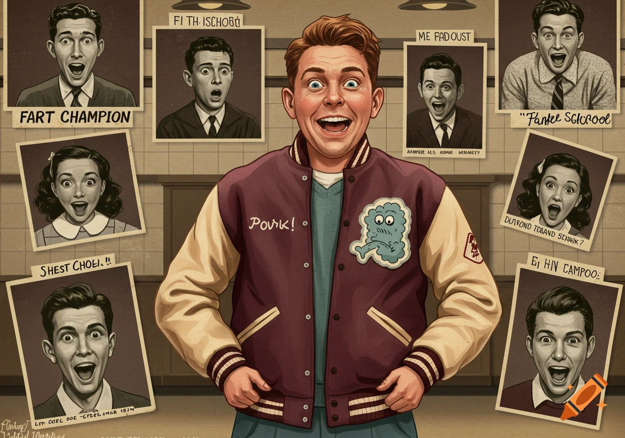 A vintage illustration of a smiling high school student in a letterman ...