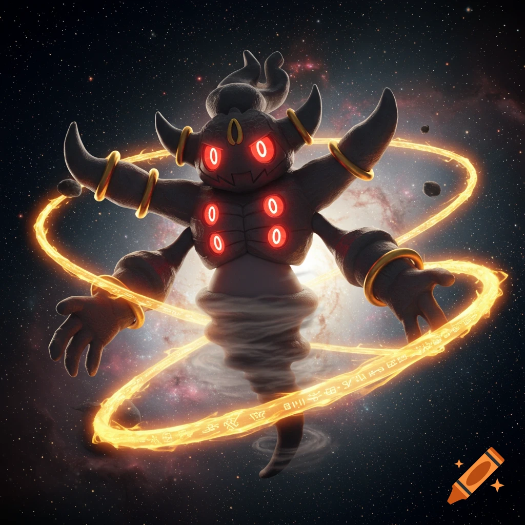 A realistic, dark Hoopa Unbound Pokemon with red glowing eyes and chest, floating in space ...