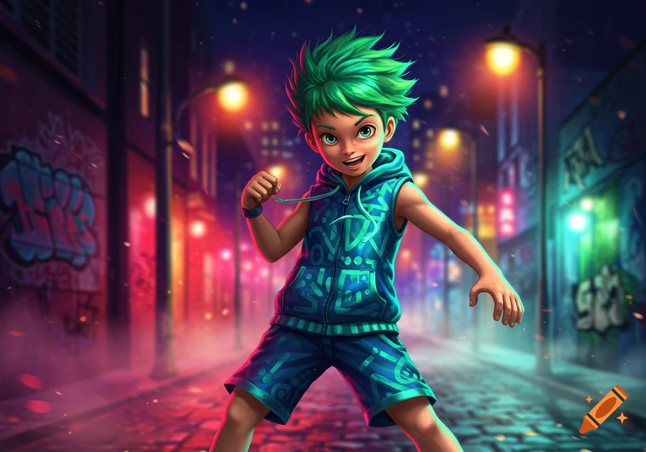 An anime-style boy with red hair, wearing a red hoodie and jeans, gives ...