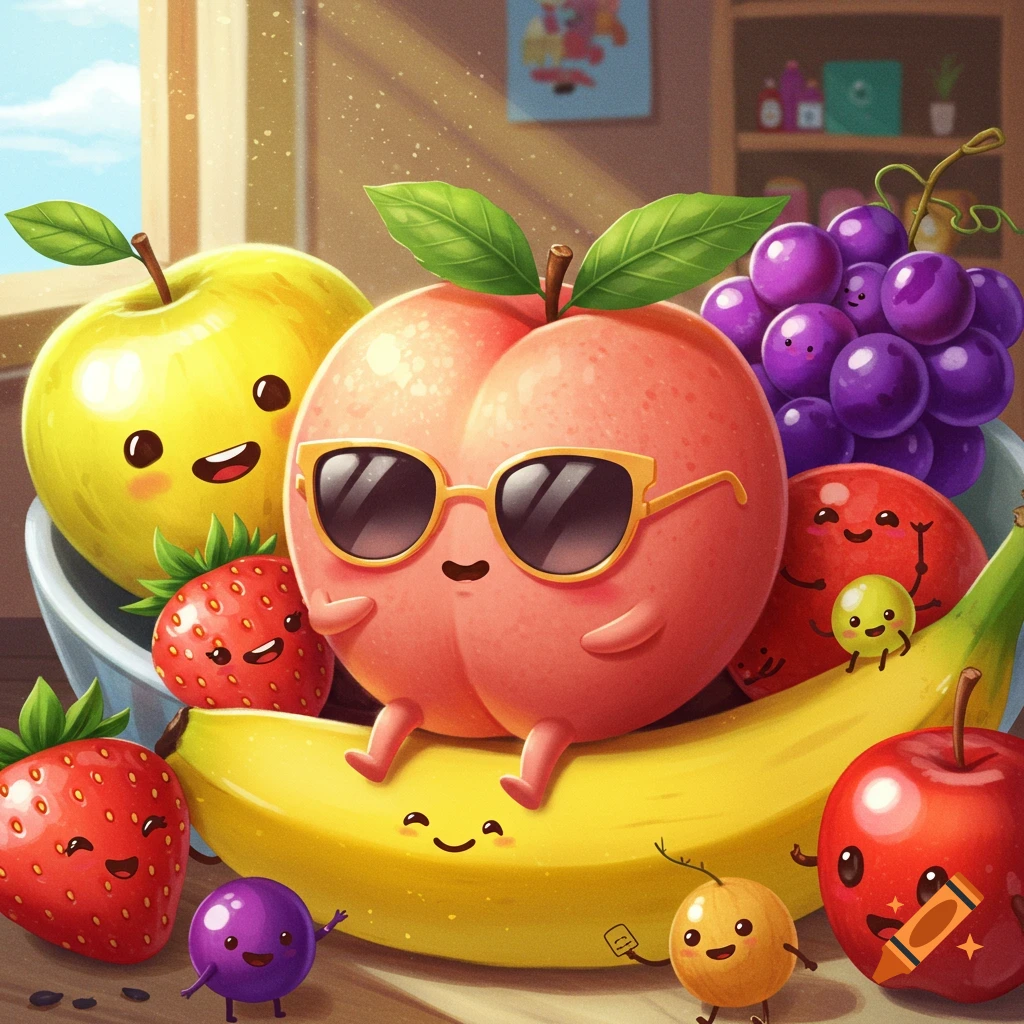 Vibrant cartoon fruits with faces, including bananas, kiwis, and strawberries, forming a human ...