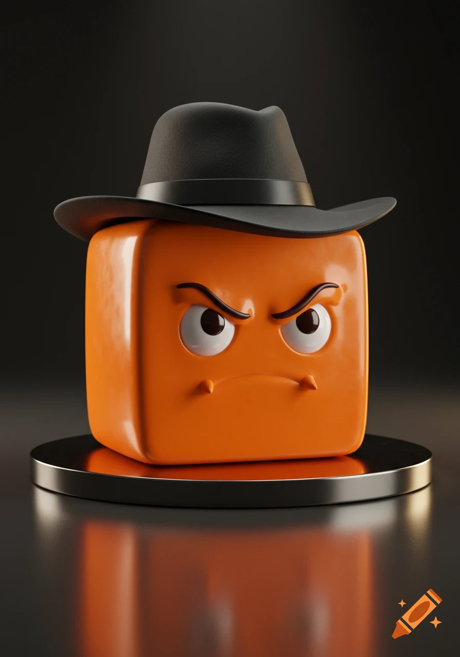 A 3D rendered orange cube with an angry face and white eyes wearing a ...