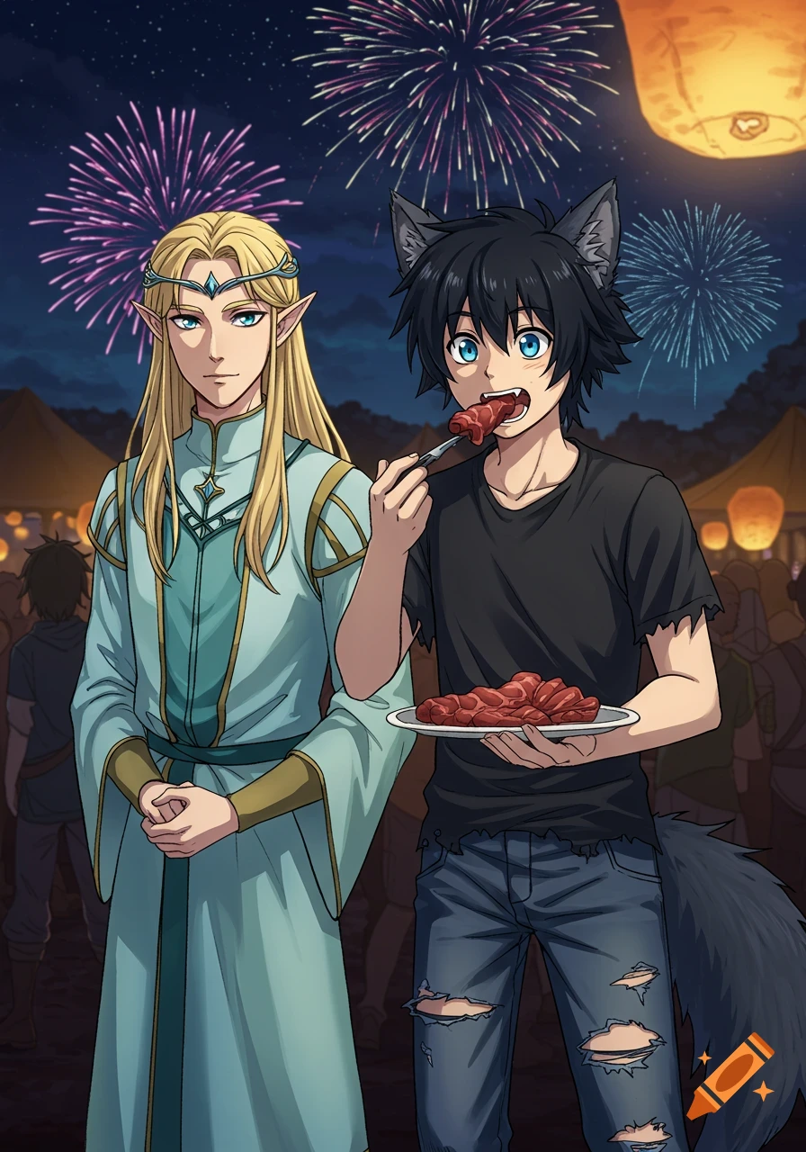 An elf prince and a wolf-eared boy at a night festival with fireworks ...