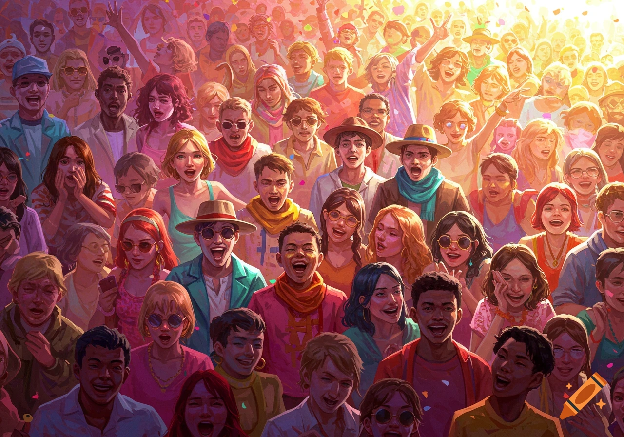 A cartoon crowd of diverse people with various expressions and gestures ...