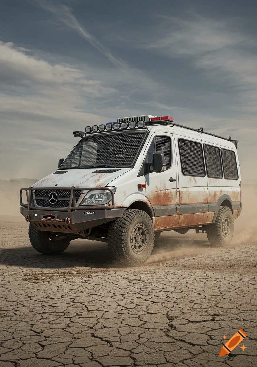 A modern, matte pink luxury camper van with off-road tires on a rocky ...