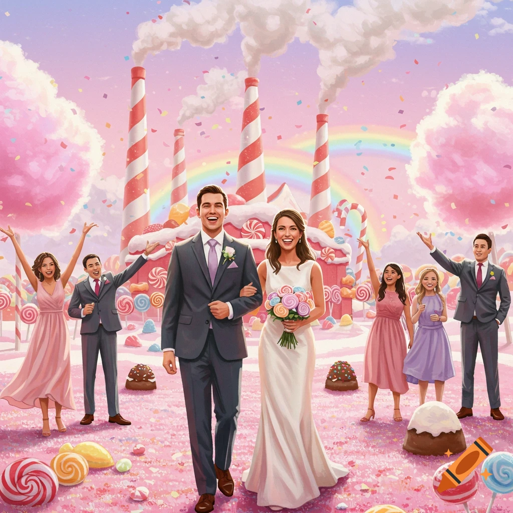 A smiling bride and groom walk in a whimsical candy land with a candy ...